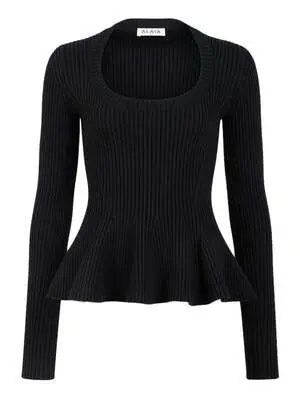 Alaïa Ribbed Peplum Top - Black