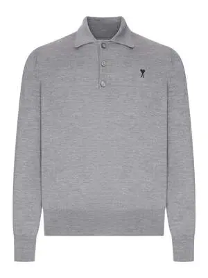 AMI Paris De Coeur Wool Polo Shirt - Gray