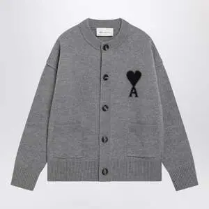AMI Paris Grey De Coeur Wool Cardigan - Gray
