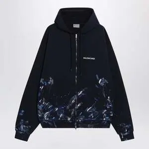 Balenciaga Navy Zip-up Sweatshirt With Paint-stain Effect - Blue
