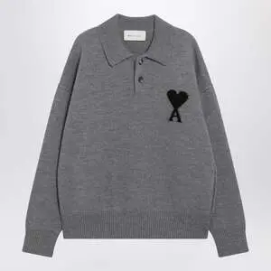 AMI Paris Grey De Coeur Wool Polo Sweater - Gray