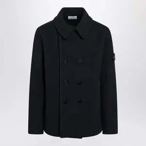 Stone Island Navy Double-breasted Coat In Wool And Cashmere