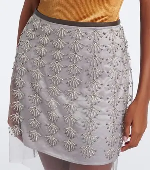 JACQUES WEI Beaded Leather-trimmed Mesh Miniskirt