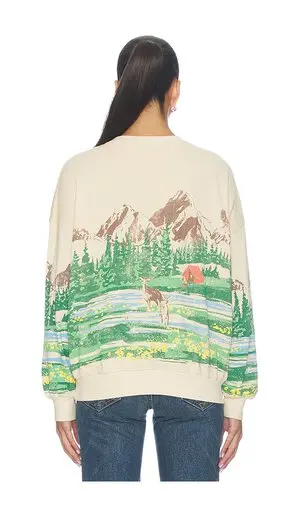 Daydreamer Campsite Scene Oversized Crew Sweatshirt In Beige