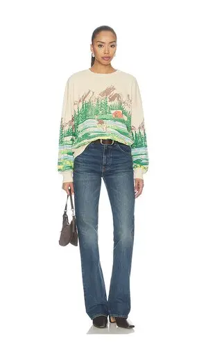Daydreamer Campsite Scene Oversized Crew Sweatshirt In Beige