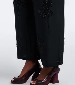 JACQUES WEI Embellished Leather-trimmed Wide-leg Pants