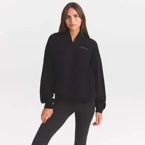 SKIMS Mock Neck Quarter Zip With Embossed Logo | Black | | Cotton Fleece - Onyx