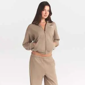 SKIMS Zip Up Hoodie With Embossed Logo | Medium Neutral | | Cotton Fleece - Latte