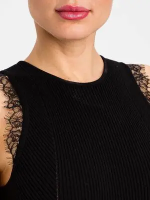 TWINSET Off-the-shoulder Ribbed Midi Sheath Dress With Lace Inserts