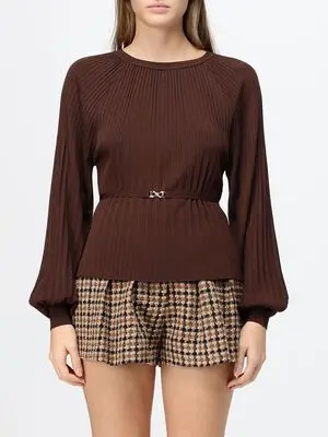 TWINSET Pleated Crewneck Jumper In Viscose Blend With Belt - Coffee