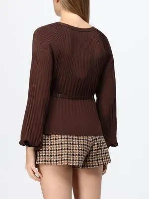 TWINSET Pleated Crewneck Jumper In Viscose Blend With Belt - Coffee