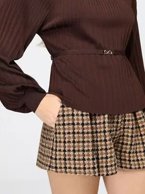 TWINSET Pleated Crewneck Jumper In Viscose Blend With Belt - Coffee