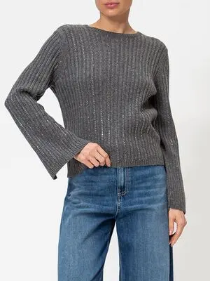 TWINSET Crewneck Jumper In Wool, Cotton And Cashmere Blend With Ribbed Trims - Grey
