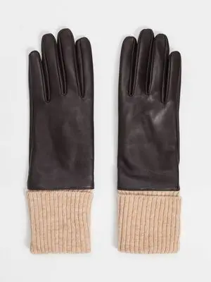 TWINSET Leather And Wool Blend Gloves With Ribbed Cuffs - Brown