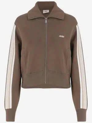 AUTRY Viscose Blend Sweatshirt With Zipper And Side Stripes - Brown