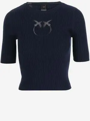 Pinko Short Sleeved Wool Blend Sweater With Logo - Navy