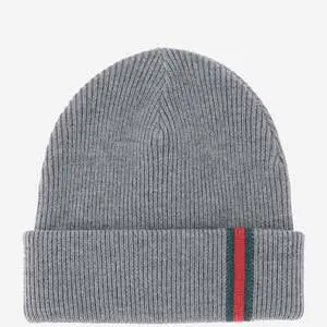 Gucci Wool Beanie With Webbed Ribbon - Grey
