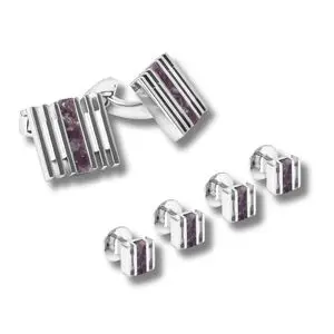 Tateossian Thompson Stripe Grille Cufflink And Shirt Studs In Palladium Plated With Amethyst - Silver