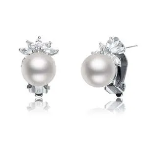 GENEVIVE Silver / White Sterling Silver White Gold Plated With Clear Cubic Zirconia & White Pearl Earrings - Silver/white