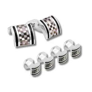 Tateossian Thompson D-shape Black Mother Of Pearl Mosaic Cufflink And Studs Set - Silver