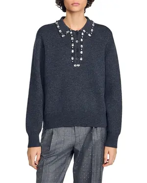 Sandro Antonia Embellished Polo Collar Sweater