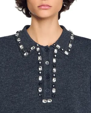 Sandro Antonia Embellished Polo Collar Sweater