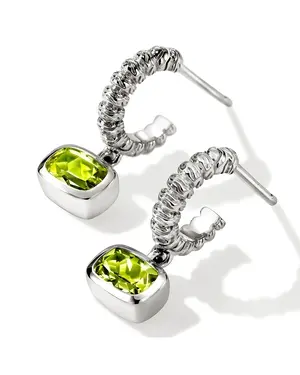 John Hardy Sterling Silver Heishi Gemstone Cushion Dangle Hoop Earrings - Silver/peridot