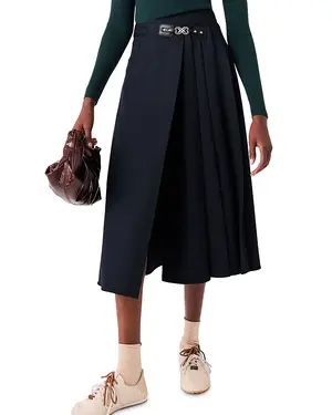 Maje Buckle Trim Pleat Front Midi Skirt