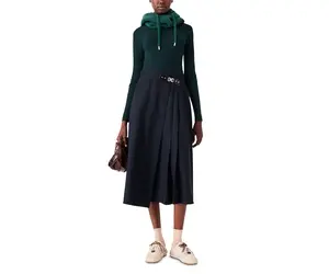 Maje Buckle Trim Pleat Front Midi Skirt