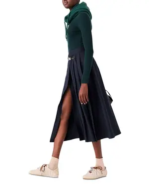 Maje Buckle Trim Pleat Front Midi Skirt