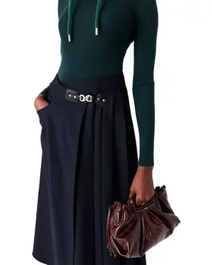 Maje Buckle Trim Pleat Front Midi Skirt