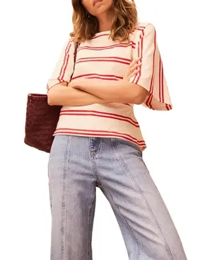 Mint Velvet Striped Batwing T-shirt - Red