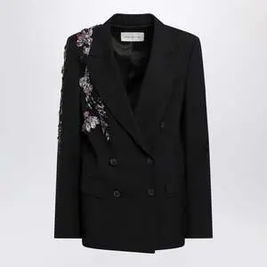 Dries Van Noten Double-breasted Jacket With Floral Sequinned Appliques - Black