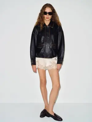REFORMATION Veda Taelor Bomber Jacket Distressed Leather - Black