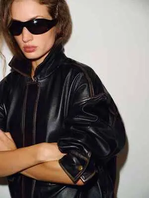 REFORMATION Veda Taelor Bomber Jacket Distressed Leather