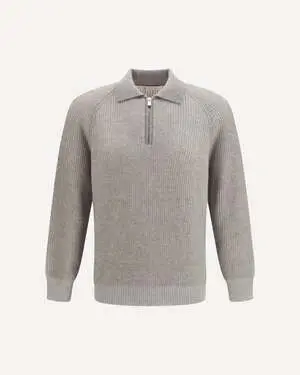 Brunello Cucinelli Cashmere Milano Stitch Polo Sweater With Zip - Grey