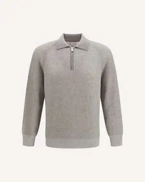 Brunello Cucinelli Cashmere Milano Stitch Polo Sweater With Zip - Grey