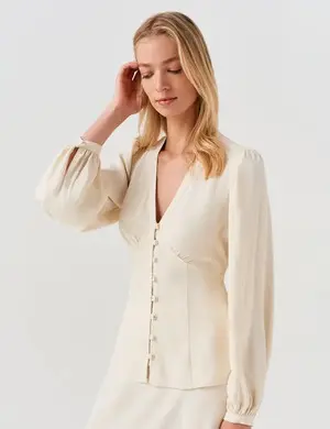 GHOST LONDON Edina V-neck Button Through Blouse - Ivory