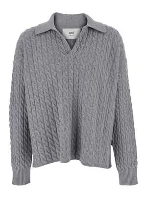 AMI Paris Cable Knitted Polo - Grey