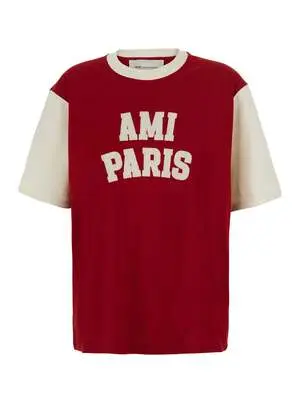 AMI Paris Cotton T-shirt With Felt Embroidered Front Logo - Red