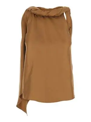 Loulou De Saison Silk Crew Neck Top With Scarf Detail And Deep Back Neckline - Brown