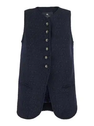 Etro Blue Sleeveless Round Neck Jacket With A-line Design In Blend Wool - Blu