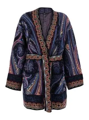Etro Printed Wool V-neck Cardigan With Belted Front - Multicolor
