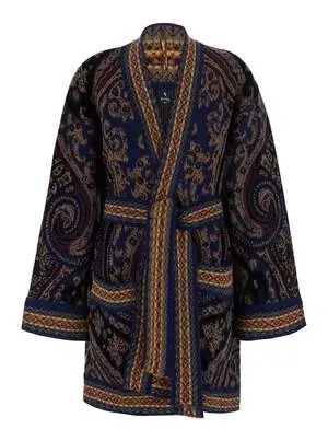 Etro Geometric Embroidered Wool-blend Cardigan With Front Belt And Patch Pockets - Multicolor