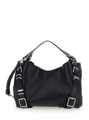 DIESEL® D-one Top Handle Medium Leather Shoulder Bag With Embossed Logo And Metal Details - Black