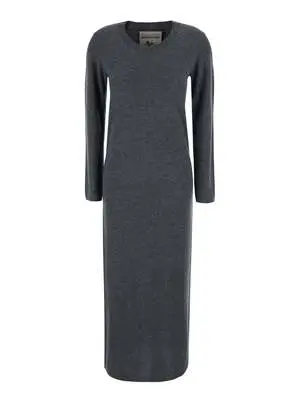 SEMICOUTURE Wool & Cashmere Long-sleeve Long Dress With Round Neck - Grey