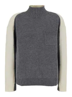 SEMICOUTURE Bicolor Wool And Cashmere Sweater With High Collar And Chest Pocket - Grey