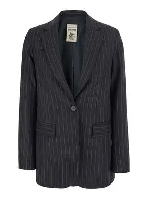 SEMICOUTURE Carmen Striped Wool-blend Notched Revers Single-breasted Jacket For - Grey