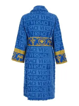 Versace I Heart Baroque Cotton Bathrobe With Notched Collar And Waist Belt - Blu