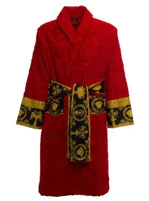 Versace Baroque Jacquard Logo Cotton Terry Bathrobe With Waist Belt, Pockets, And V-neck - Red